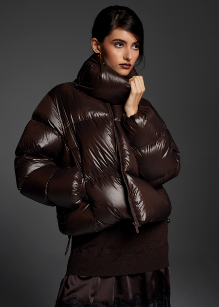 BROWN SHORT DOWN JACKET WITH ASYMMETRICAL COLLAR | Trendy Confession