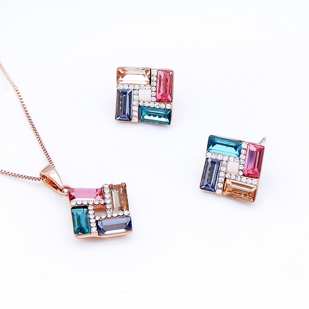 Позлатени бижута - Комплект розово позлатяване цветни квадрати | Бижута ...